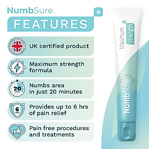 NumbSure 5% Lidocaine Maximum Strength Numbing Cream - For Painless Tattoos, Waxing, Piercings, and Needle Treatments