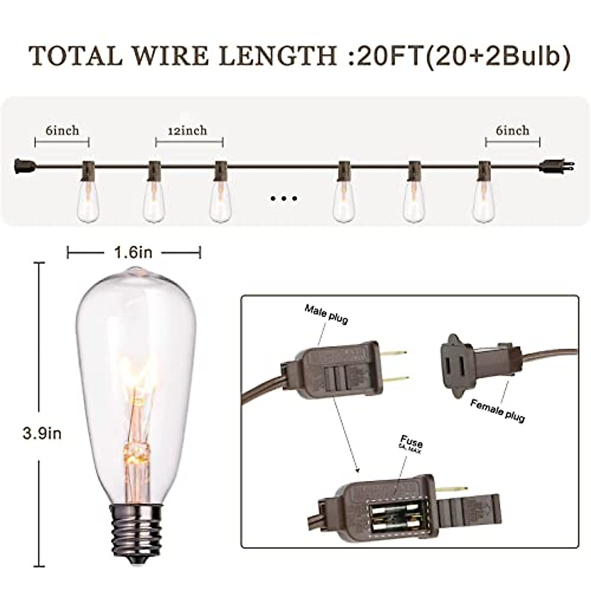 Pallerina Outdoor Edison String Lights 20Ft with 22 Edison Bulbs, Vintage Bistro Lights ST40 Patio String Lights for Garden Backyard Party Wedding Umbrella, E17 Base 7 Watt Bulbs- Brown Wire