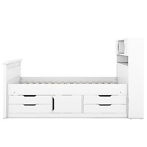 Merax Twin Size Bed Frames with Bookcase Headboard,Kids Wooden Platform Bed with 4 Drawers,White Captain Platform Bed with Storage Underneath