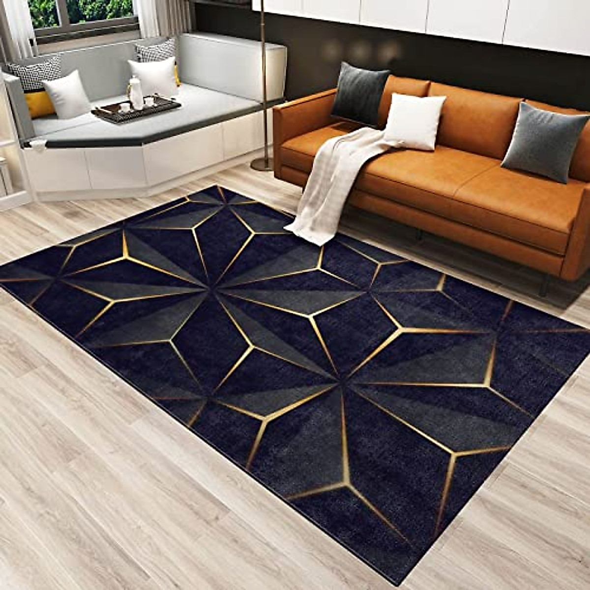 Modern Abstract Art Area Rug, Black Gold Geometry Rugs Floor Carpet, Indoor Non-Slip Rug for Room Sofa Living Room Mat Bedroom Home Decor Floor Mats 6.6' x 5.3'