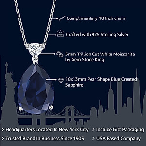 Gem Stone King 925 Sterling Silver Created Blue Sapphire and White Moissanite Teardrop Pendant Necklace For Women (13.10 Cttw, Pear Shape 18X13MM, With 18 Inch Chain)