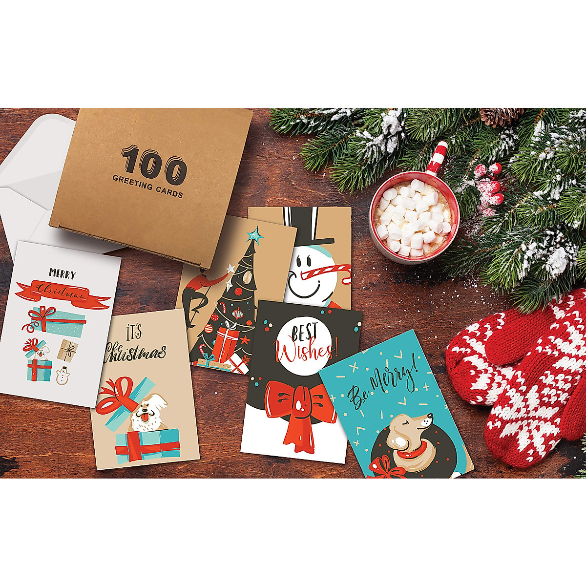 Better Office Products Christmas Holiday Greeting Card Set, 100 Pack, 4 x 6 Inch, 12 Assorted Custom Illustrative Designs, Blank Inside, Complete with Envelopes, 100 Christmas Cards Set