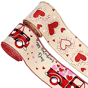 Dxhycc 2 Rolls Valentine's Day Wired Edge Ribbon Vintage Happy Valentine's Day Truck Ribbon Love Red Heart Ribbons for Gift Wrapping Wedding Decoration DIY Crafts, 2.5 Inch