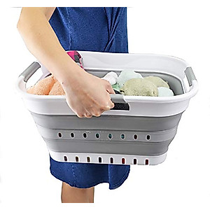SAMMART 19L (5 gallon) Super Mini Collapsible 3 Handled Plastic Basket - Foldable Pop Up Storage Container/Organizer - Space Saving Hamper/Basket (1, White/Grey)