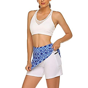 Ekouaer Golf Skirts for Women 16" Tennis Skort Athletic Skirt Inner Shorts Pocket Floral Pickleball Running Workout Sports Skorts,Blue Pattern X-Small