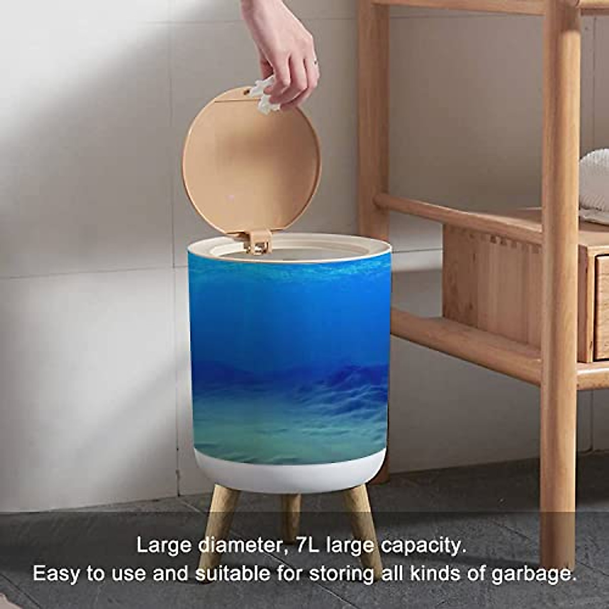 Trash Can with Lid Underwater with a Sandy Bottom and Sunbeams Press Cover Small Garbage Bin Round with Wooden Legs Waste Basket for Bathroom Kitchen Bedroom 7L/1.8 Gallon