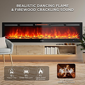 TURBRO 72” Smart WiFi Infrared Electric Fireplace with Sound Crackling and Realistic Flame, 1500W Quartz Heater, Recessed or Wall Mounted, Adjustable Flame Effects, Remote Control and App, in Flames