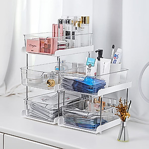 Hacaroa 2 Tier Sliding Basket Drawer Organizer with Handles, Pull Out Under Sink Organizer Shelf, Stackable Slide-out Storage Bins for Cabinet, Kitchen, Bathroom, Office, Clear