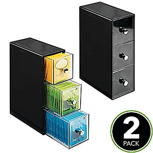 mDesign Plastic Kitchen Pantry Stackable Storage Organizer Container Station, 3 Drawers for Cabinet, Countertop, Holds Coffee, Tea, Sugar Packets, Creamers, Lumiere Collection, 2 Pack - Black/Clear