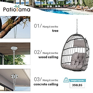 Patiorama Indoor Outdoor Egg Swing - Rattan Hanging Chair w/Cushion, 350lbs Capacity, All Weather Foldable Hammock Chair for Bedroom, Porch (Light Grey)