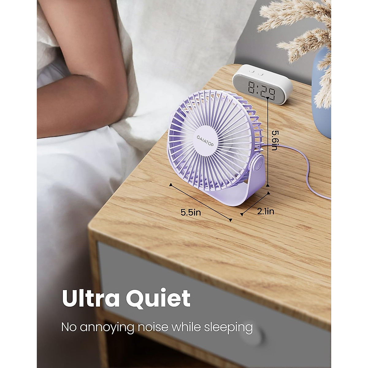 Gaiatop USB Desk Fan, 3 Speeds Portable Small Fan with Strong Airflow, 5.5 Inch Quiet Table Fan, 90° Rotate Personal Cooling Fan For Bedroom Home Office Desktop Travel (Purple)