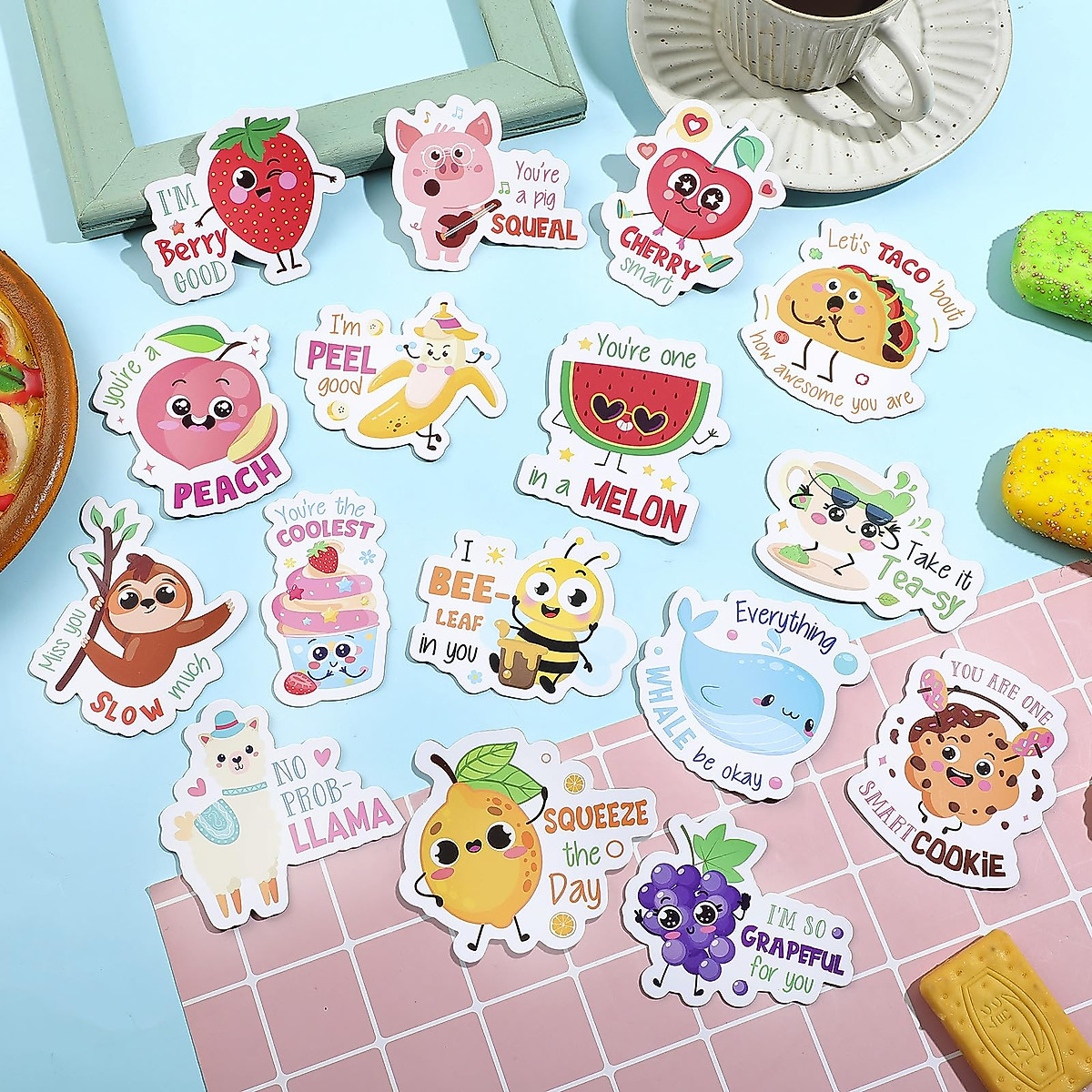 Kanayu 16 Pcs Cute Fridge Magnets Fun Puns Magnetic Stickers Decorative Refrigerator Decal Funny Magnets for Locker Fridge Stickers for Whiteboard Laptop Office School Student Adult (Food and Animal)