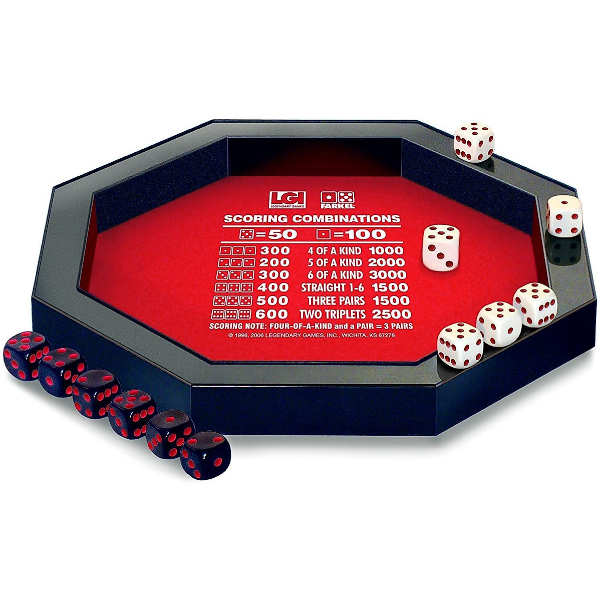 Farkel Game Set with Deluxe Dice Rolling Tray, Built-in Dice-Collection Channel, 2 Sets of Dice, 40-Sheet Scorepad, Classic Family Game