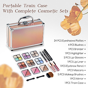 Color Nymph Beginner Makeup Kits For Teens With Train Case Included Full Makeup Kit Eyeshadow Palette Blushes Bronzer Highlighter Lipstick Brushes Mirror（Gold）