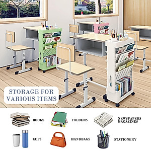 POBOMULI 5-Tier Bookshelf, Book Storage Organization with Wheels Mobile Rolling Bookshelves Cart for Home Office Kids’ Study Room School, White