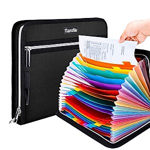 Tamfile Fireproof Waterproof Safe Expanding File Folder Accordion Document Organizer with 24 Pockets Portable Money File Bag Filing Holder and Color Lables/3Zippers A4 Letter Size (Black,14.3" 9.8")