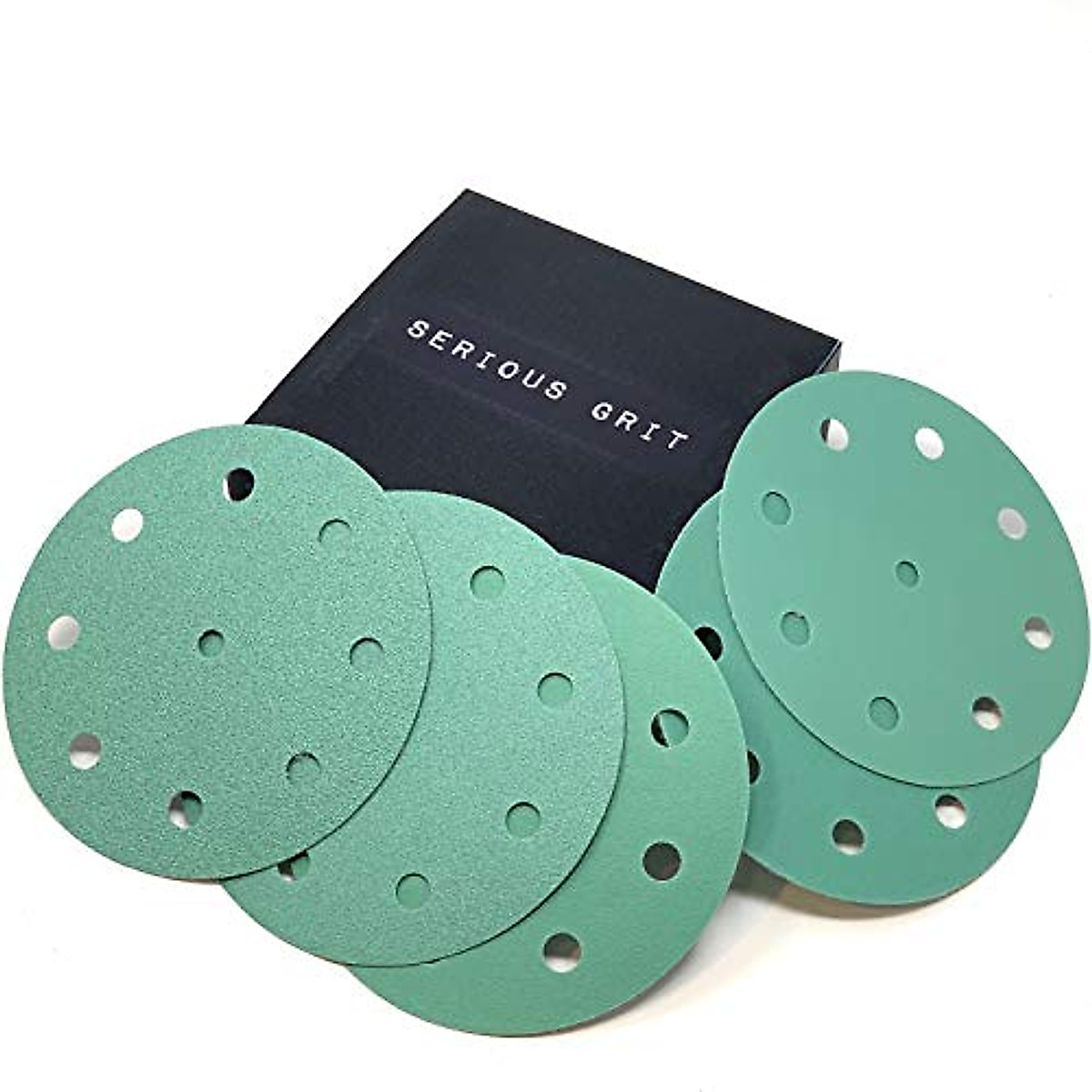 Serious Grit - 5-Inch 9-Hole Sanding Discs Assortment - 80, 120, 150, 180, 220 Grit (10 of Each) - Heavy-Duty Hook & Loop Film Discs - Sandpaper for Random Orbital Sanders - 50 Pack Box