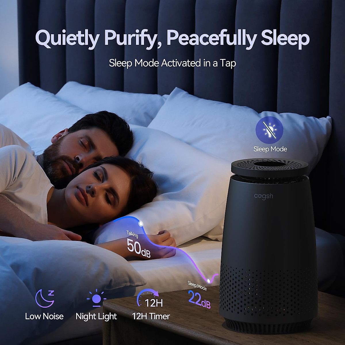 Air Purifiers for Home Bedroom, 3-in-1 HEPA Filter for Pets Dander Dust Pollen Smoke Odors, Quiet Air Cleaner with Sleep Mode, 12H Timer, Night Light, Aromatherapy, Safety Lock, Black