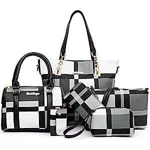 YOUNXSL 6-PC Women PU Handbag+Shoulder Bag+Crossbody Bag+Purse+Clutch+Key Bag Fashion Satchel Tote Top-Handle Bag Black