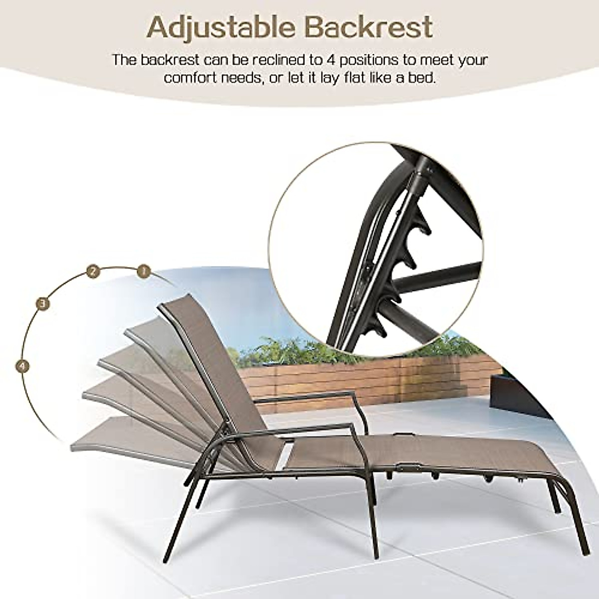 PEAK HOME FURNISHINGS Patio 2-Piece Aluminum Chaise Lounges Chairs w/High Armrest Outdoor 5-Position Adjustable Sling Recliners Sun Lounger Set