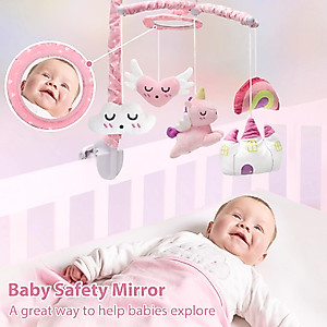 SHIDEER Crib Mobile for Girls, Crib Mobile with 36 Lullabies Musical Box, Baby Mobile for Crib with Mirror, Volume & Songs Control, Baby Mobile Hanging Rotating Crib Toys(Pink Castle&Rainbow Theme)