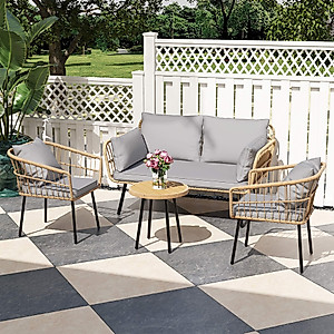 DWVO 4 Pieces Patio Furniture Set, Outdoor Wicker Bistro Set, All-Weather Rattan Conversation Set with Loveseat Chairs Table Soft Cushions for Backyard, Pool, Deck, Garden (Grey)