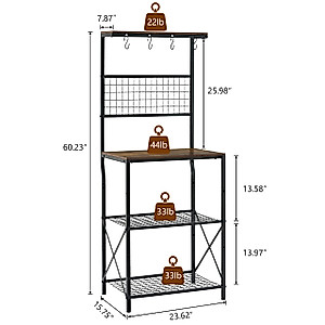 Gewudraw Kitchen Bakers Rack, Microwave Stand 4 Tiers, Kitchen Storage Rack with 4 Hooks - Rustic Brown (No Power Outlets)