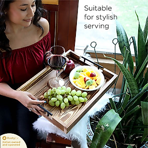 RustyEx Pine Wood Serving Tray - Metal Handles Rectangular Breakfast Tray 17x13x2 inches with Extra Bamboo Cutlery Sets, Rustic Coasters, Elegant Napkin Holders Good for Eating, Working, Storing