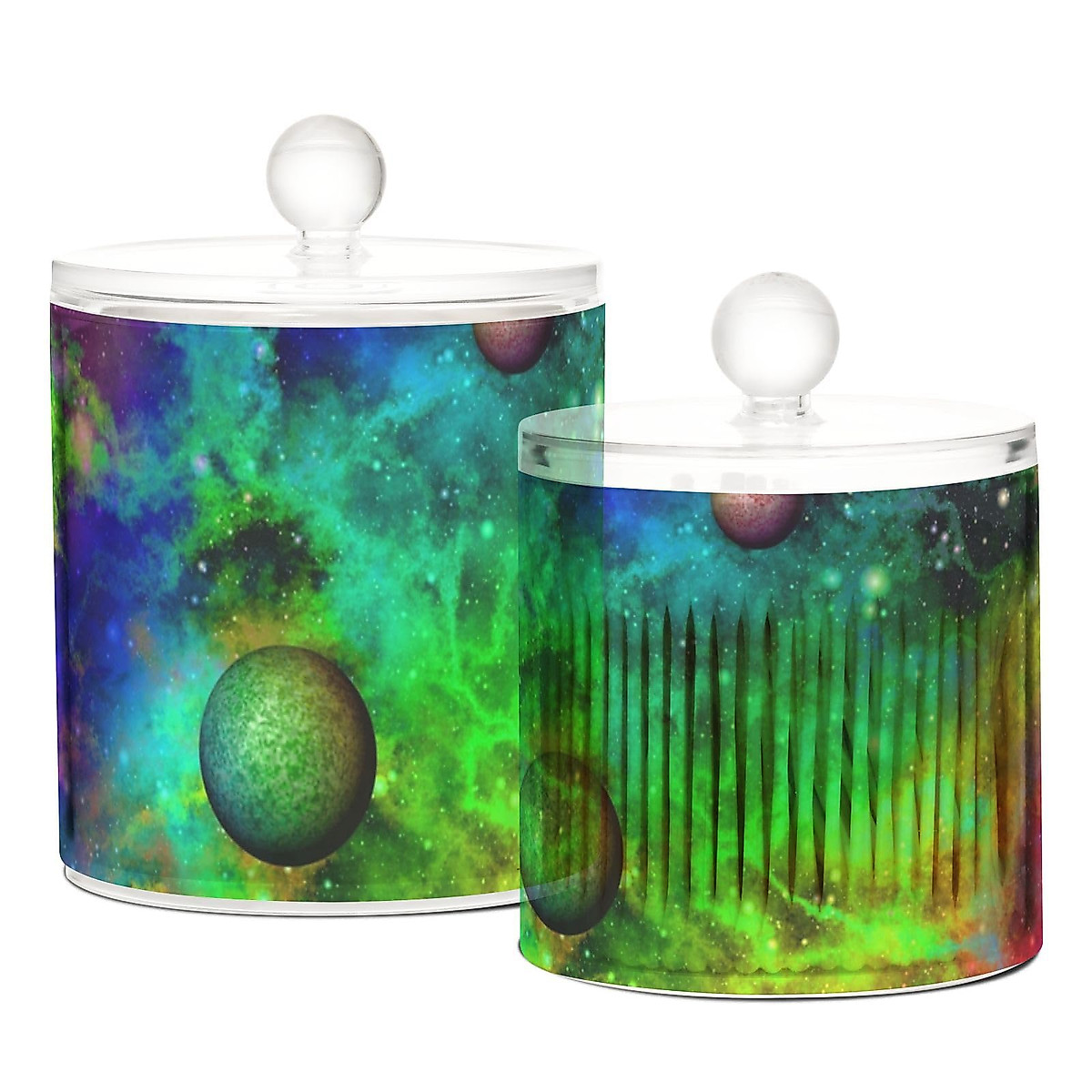 OTVEE Set of 2 Abstract Colorful Planet Universe Cotton Swab Holder Plastic Qtip Bathroom Container for Floss Apothecary Jar