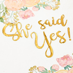 Sparkle and Bash 50 Pack Gold Foil She Said Yes Napkins for Engagement Party Supplies, Bridal Shower Decorations, Luncheon, Wedding Decor, Disposable, 3-Ply (White, 5 x 5 Inches)