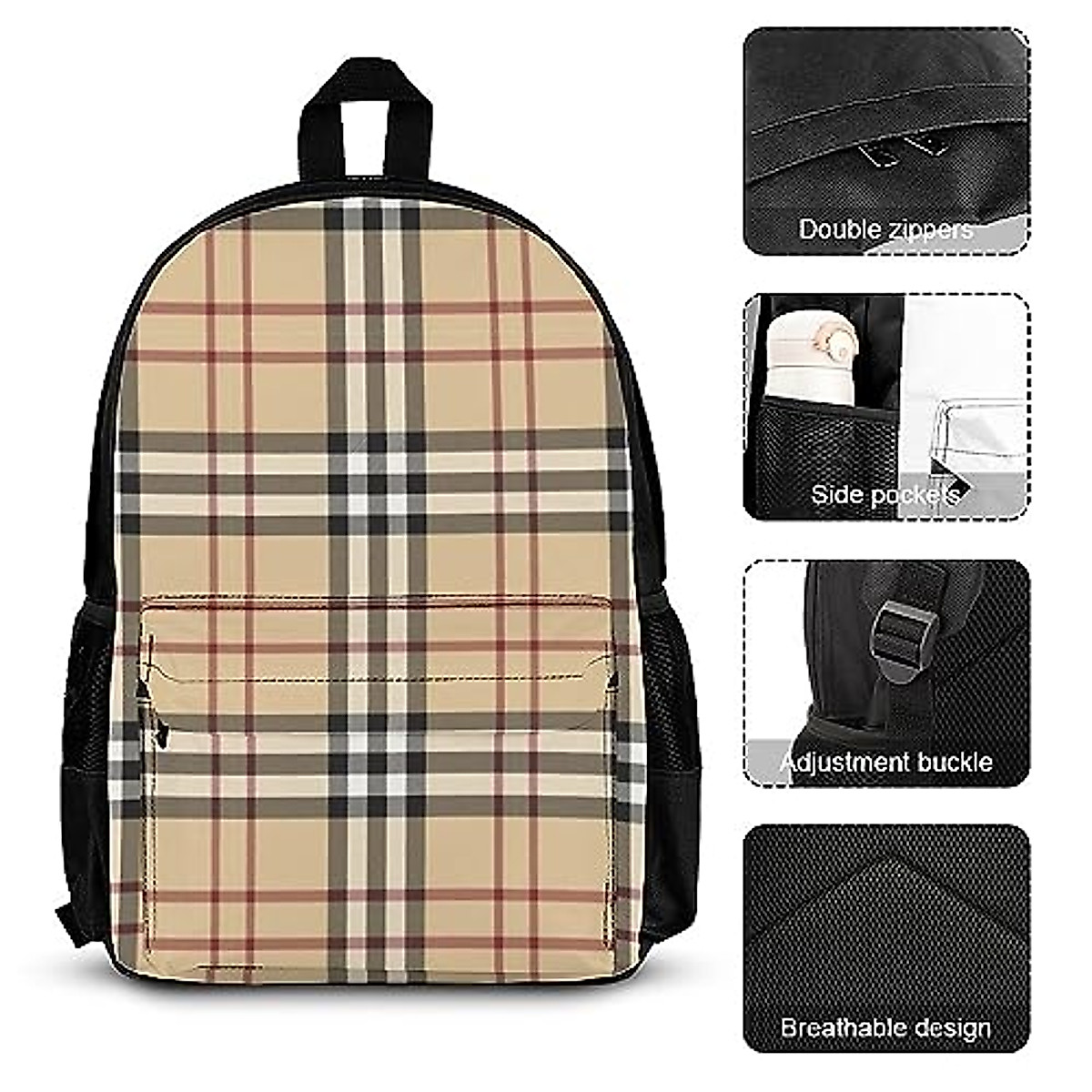 JZDACH Adults Daypack - Beige Plaid Stripes Pattern Bookbag 3 Piece College Daypack Traveling & Camping Backpack, 3 Piece Daypack Climbing Shoulder Bag