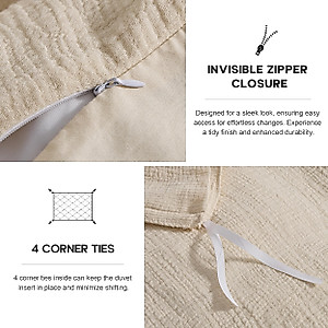 Simple&Opulence Linen Cotton Muslin Duvet Cover Set Queen Size, 3Pcs Khaki Ultra Soft Breathable 3-Layer Gauze Minimalist Comforter Cover, Seersucker Bedding Set with Zipper Closure for All Seasons