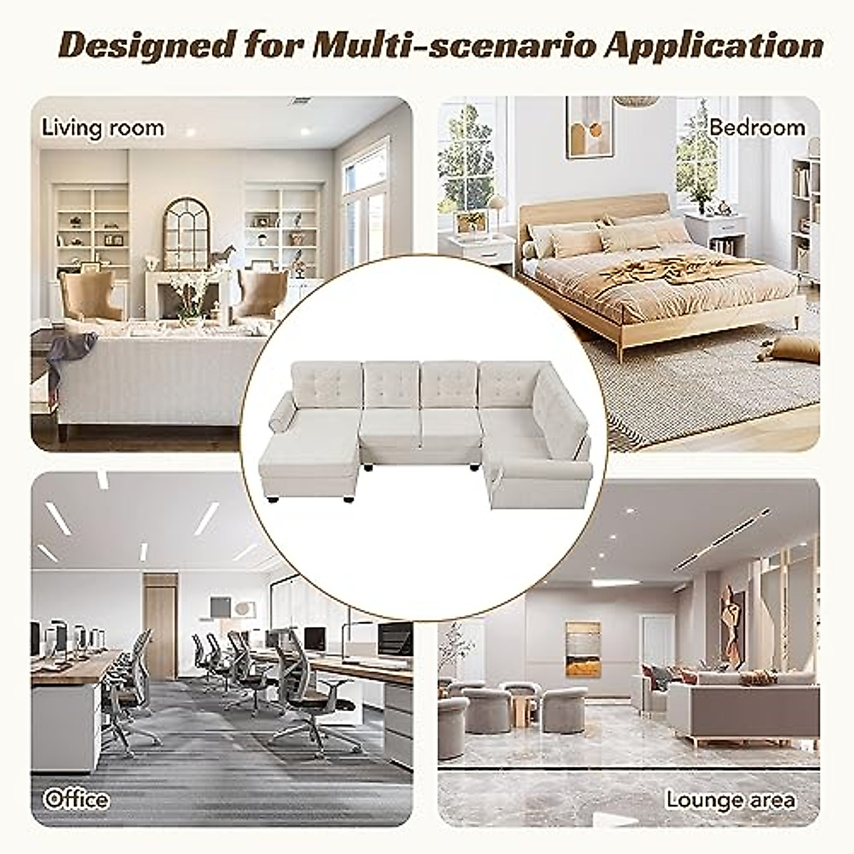 FULife Modern U-Shaped Sectional Sofa with Chaise Lounge,Comfy Modular Couch w/Nailhead Trim Armrest,Linen Fabric Upholstered 6-Seater Corner Sofá for Living Room Apartment Office, Beige 120" w