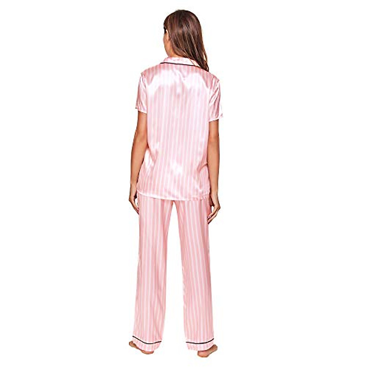 WDIRARA Women's Sleepwear Striped Satin Short Sleeve Shirt and Pants Pajama Set Pink S