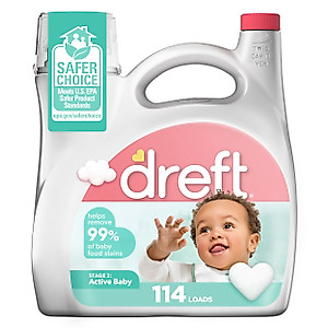 Dreft Stage 2 Active Baby Liquid Laundry Detergent, Hypoallergenic, Helps Remove 99% of Baby Food Stains, 114 Loads, Baby Laundry Detergent, Newborn Essentials