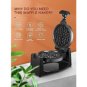 Waffle Maker 1100W, 180° Flip Belgian Waffle Iron with Nonstick Plates, Classic 1" Deep Waffles, Included Recipe, Removable Drip Tray, Browning Control, Stainless Steel