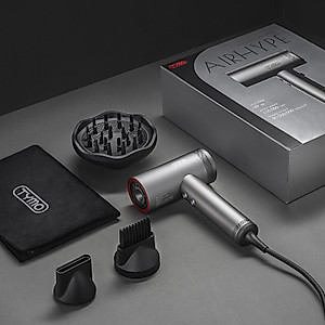 TYMO Hair Dryer with Diffuser for Curly Hair, 1500W Professional High Speed Ionic Blow Dryer with Comb, 110,000RPM Fast Dry, 4 Temps & 3 Speeds, with 8 Ft Cord, Metal Gray