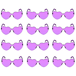 JFTOWN 12 Pairs Heart Shape Rimless Valentines Sunglasses Candy Color Frameless One Piece Love Glasses for Women Party Favor (Purple)