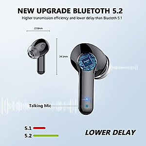 Tianeer Wireless Earbuds, Bluetooth 5.2 Stereo Earbuds, 48H Playtime with LED Power Display, Bluetooth Headphones with Noise Cancelling Mic, IPX7 Waterproof Deep Bass Earphones for Sports and Work