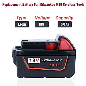 2 Pack 5.0Ah M18 Battery Replacement for Milwaukee M18 Battery, Replacement for Milwaukee M18 Cordless Power Tools 18V XC Lithium Battery 48-11-1852 48-11-1850 48-11-1862 48-11-1812