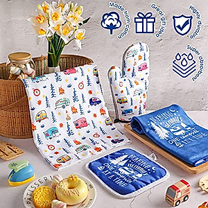 4 Pcs Camping Towels Set, Making Memories One Campsite at a Time RV Dish Towel, Funny Camping Dish Towels Dish Cloths, Soft and Absorbent Pot Holder, Camping Oven Mitt (Blue Stylish Style)