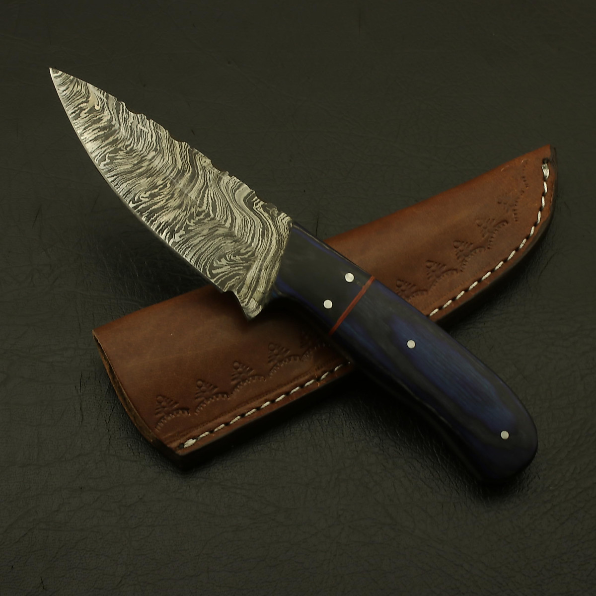 Custom Handmade Damascus Steel Camping Tracker Hunting Knife | Beautiful Rose Wood Handle With Leather Sheath