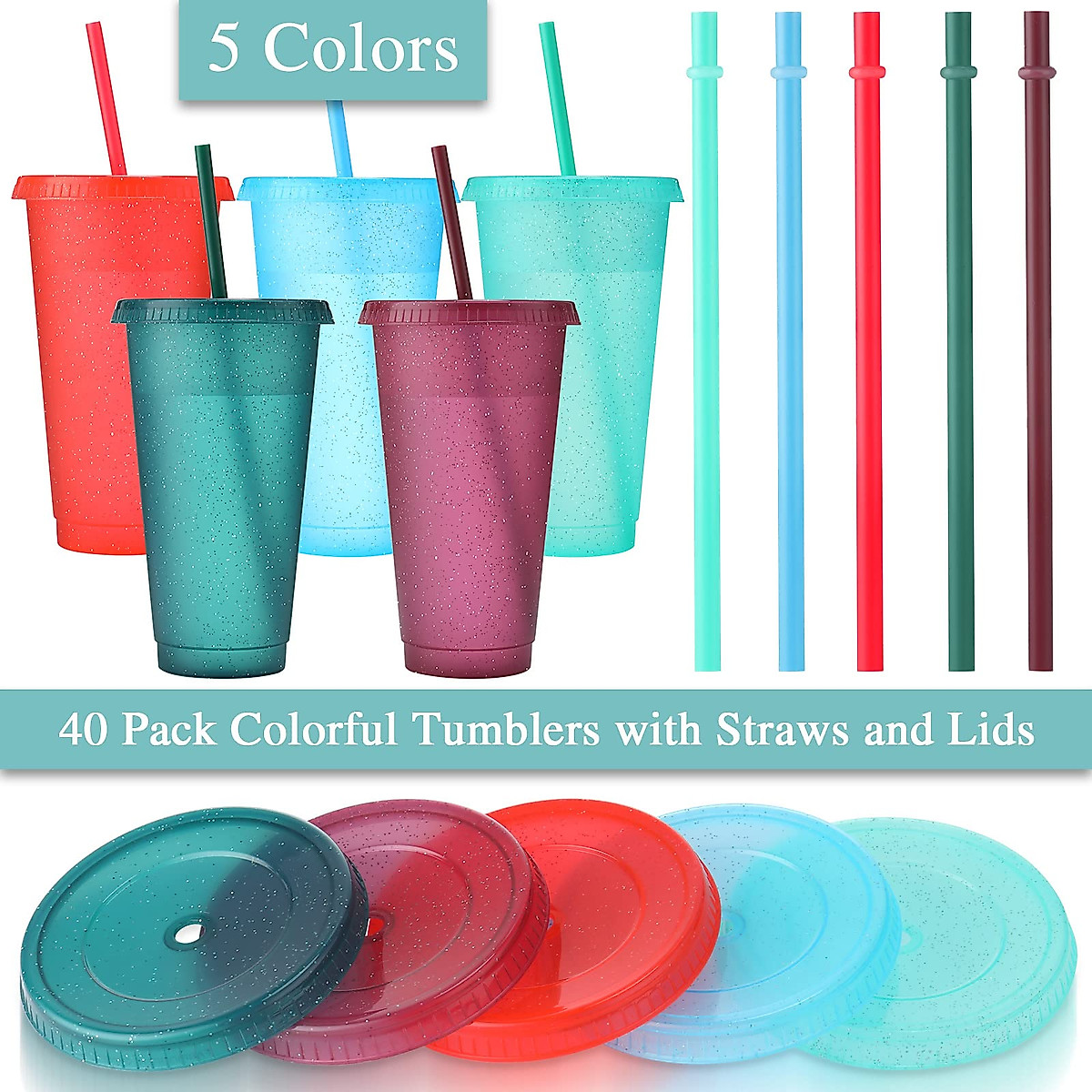 24 oz Cups with Lids and Straws Plastic Tumbler with Straw and Lid Glitter Tumbler Iced Coffee Cup Reusable Travel Mug Water Bottle for Smoothie Party Birthday(Cute Color,40 Pack)