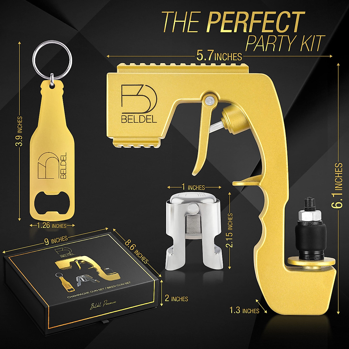 BELDEL Champagne Gun Shooter - 3-in-1 Beer Gun Set with Champagne Stopper and Bottle Opener Keychain, Fun Alcohol Gun Shooter for Bars, Bachelor Party, Wedding, Christmas, Birthday, Festivals