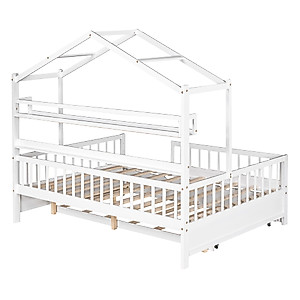 Harper & Bright Designs Full House Bed with Trundle, Wood Full Kids Bed Frame with Shelf, Full Size House Bed for Kids with Roof for Girls, Boys,No Box Spring Needed (Full, White)