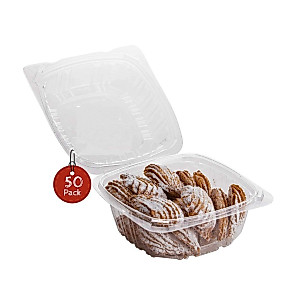 Smygoods Dessert Containers, (Pack of 50-6x6x3) Disposable Plastic Clamshell Food Containers, Clear Hinged Food Container