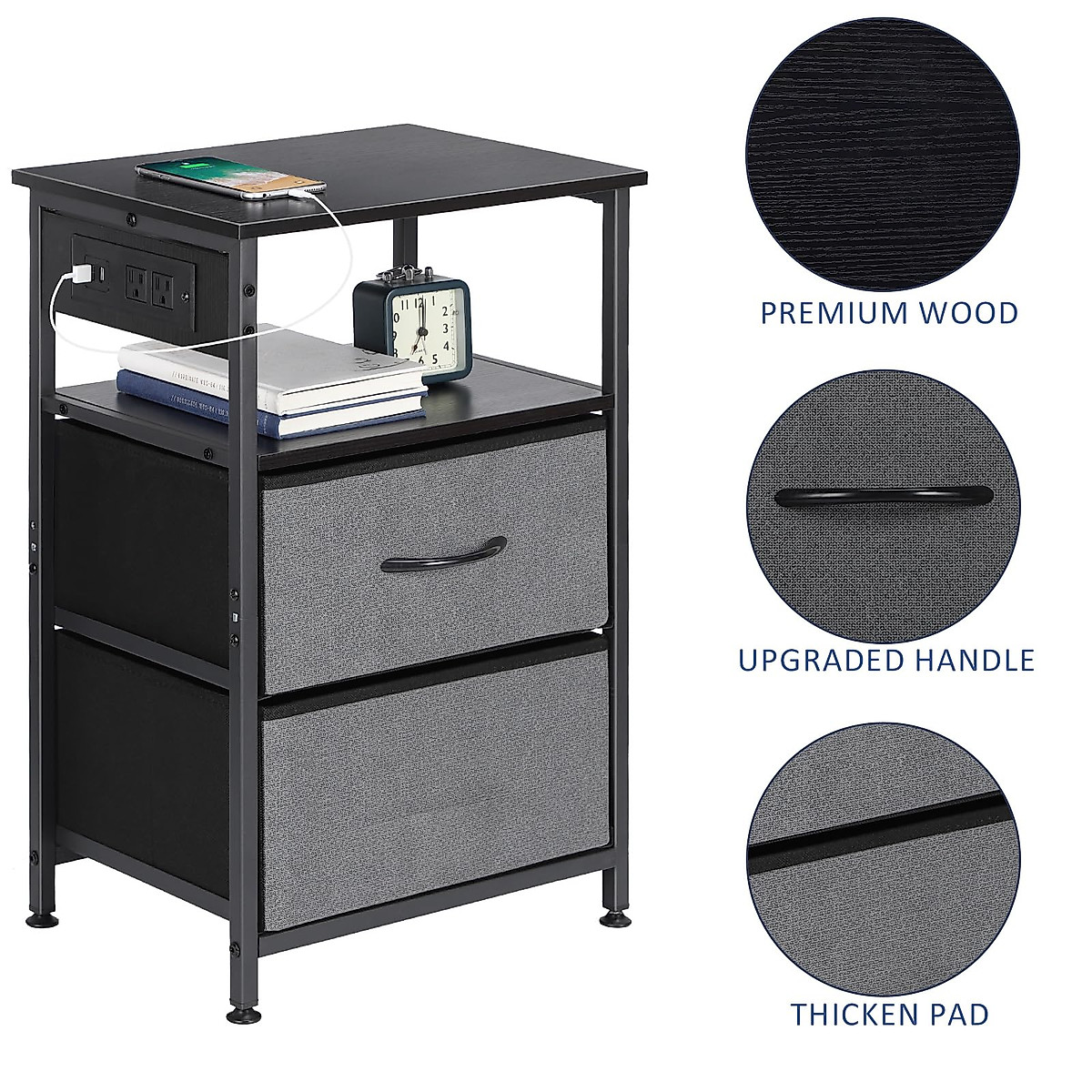 NANANARDOSO Nightstand with Charging Station, Small Bedside Table with 2 Fabric Drawers and Storage Shelf, Rustic End Table for Small Space Bedroom Living Room, Black