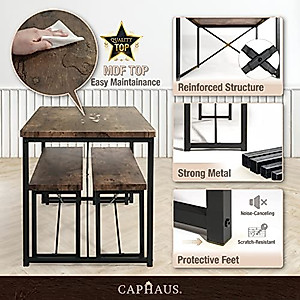 CAPHAUS 3 Pieces Dining Table Set for 4 w/Benches, Rectangular Dining Room Set, Modern Wood Bench Dining Room Table Set, Metal Frame Space-Saving Dining Set, Dining Table w/Two Benches, Rustic Oak