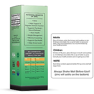 Organic Zinc Supplements for Kids, Adults - Zinc Sulfate - Liquid Zinc Supplement - Pure Ionic Zinc Drops in Coconut Oil for Immune Support, Skin - NO Preservatives & Great Taste - 100 Vegan Servings