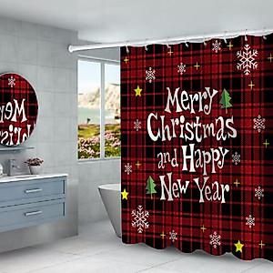 4 Pcs Christmas Red Buffalo Plaid Shower Curtain Set with Rugs, Toilet Lid Cover Bath Mat ,Christmas Shower Curtain with 12 Hooks,65 x 70 Inches Waterproof Christmas Shower Curtain for Bathroom Set